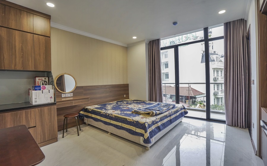 Street view studio apartment with balcony for rent in Truc Bach area, Hanoi